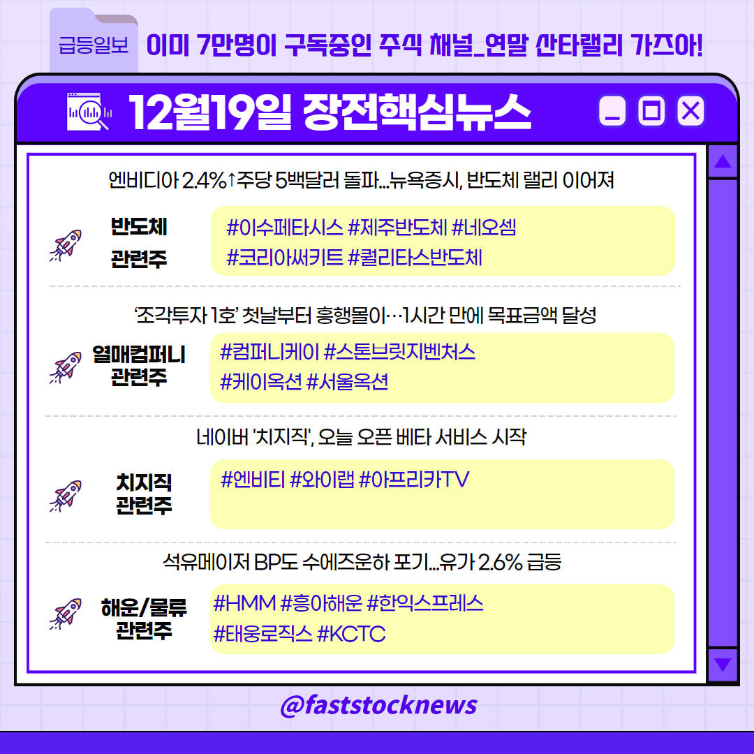 12월 19일 화 급등일보 돈이 될 장전뉴스 And 관심종목 이수페타시스 제주반도체 컴퍼니케이 스톤브릿지벤처스